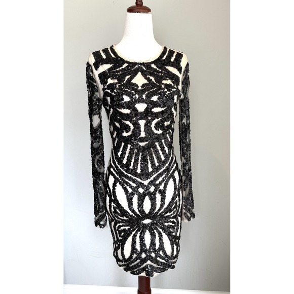 bebe | Dresses | Bebe Black Cream Sequin Beaded Cocktail Party Formal ...